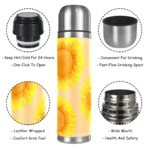 Stainless Steel Leather Vacuum Insulated Mug Sunflower Thermos Water Bottle for Hot and Cold Drinks Kids Adults 16 Oz