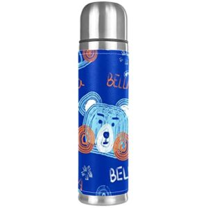 stainless steel leather vacuum insulated mug bear thermos water bottle for hot and cold drinks kids adults 16 oz