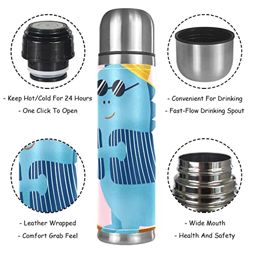 Stainless Steel Leather Vacuum Insulated Mug Dinosaur Thermos Water Bottle for Hot and Cold Drinks Kids Adults 16 Oz