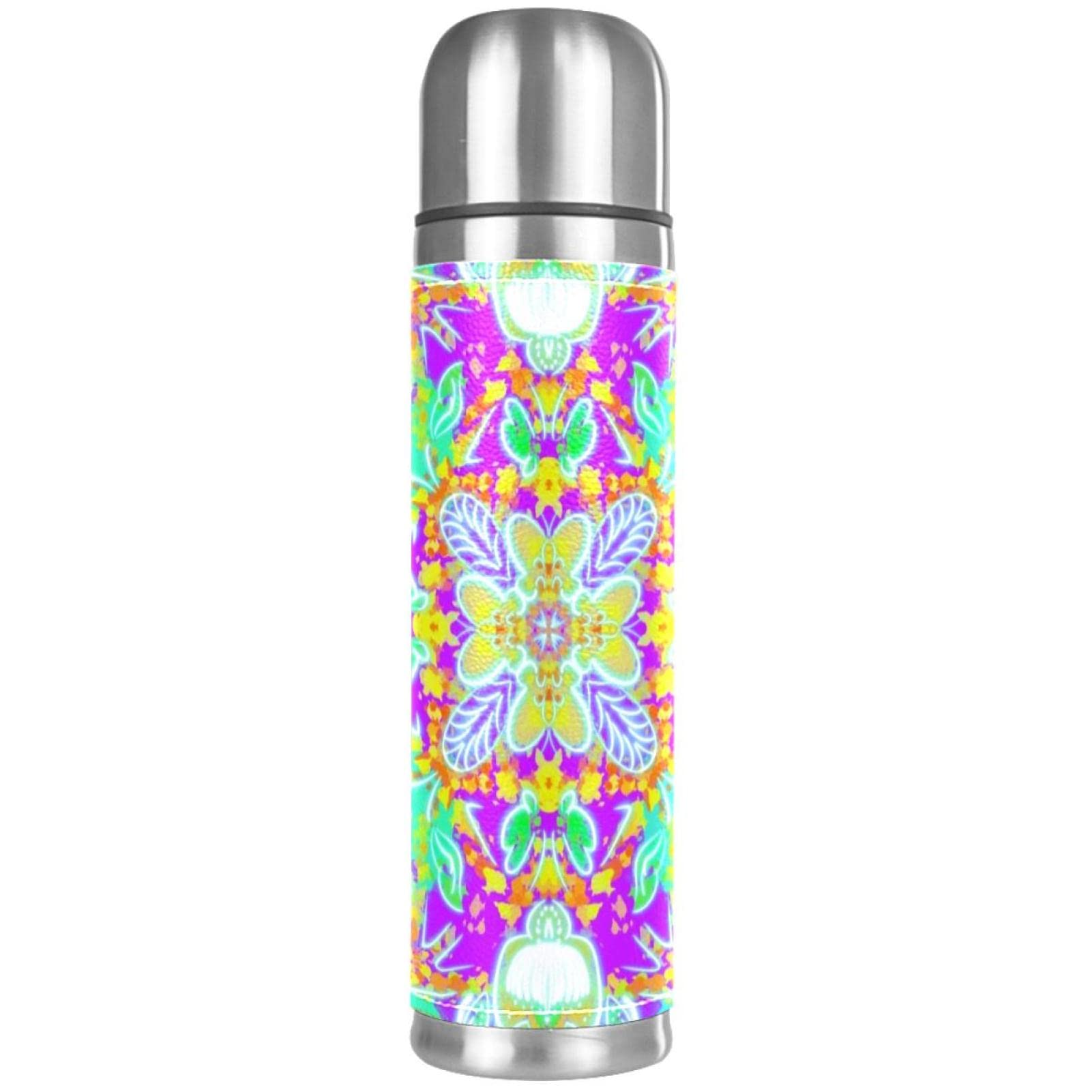 Stainless Steel Leather Vacuum Insulated Mug Flower Pattern Thermos Water Bottle for Hot and Cold Drinks Kids Adults 16 Oz