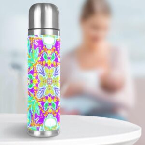 Stainless Steel Leather Vacuum Insulated Mug Flower Pattern Thermos Water Bottle for Hot and Cold Drinks Kids Adults 16 Oz