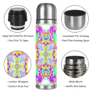 Stainless Steel Leather Vacuum Insulated Mug Flower Pattern Thermos Water Bottle for Hot and Cold Drinks Kids Adults 16 Oz