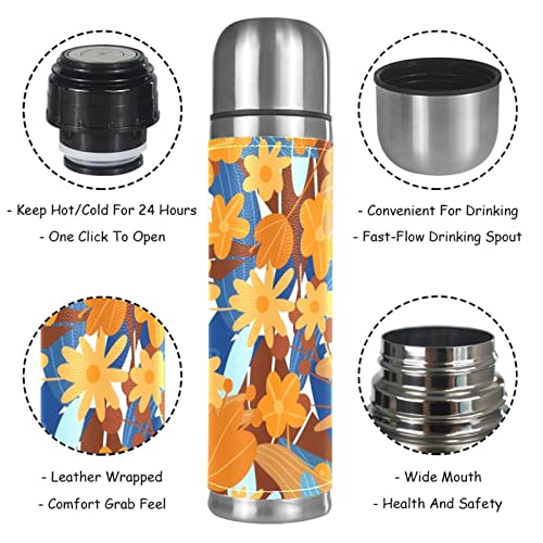 Stainless Steel Leather Vacuum Insulated Mug Flower Thermos Water Bottle for Hot and Cold Drinks Kids Adults 16 Oz