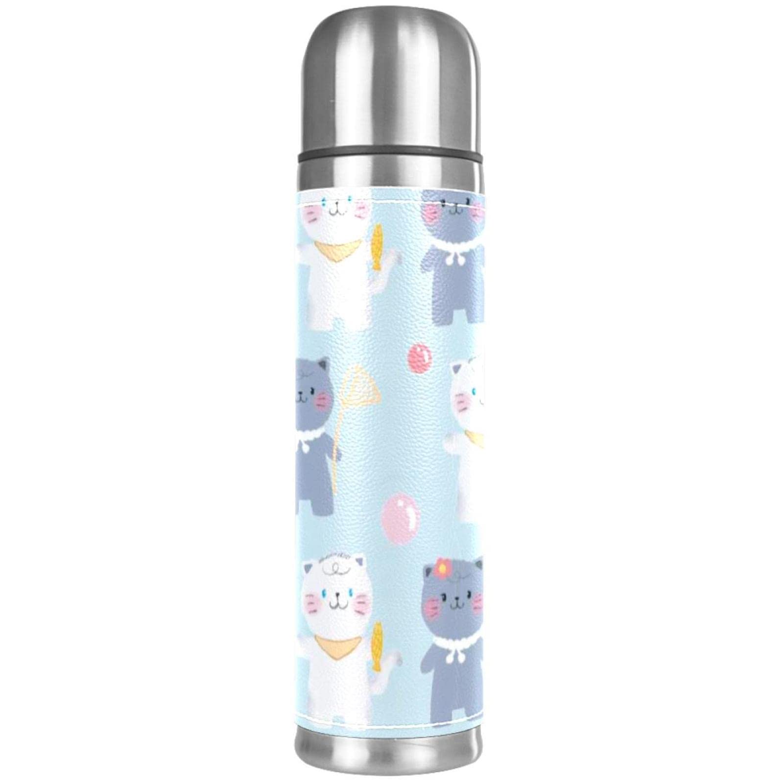 Stainless Steel Leather Vacuum Insulated Mug Cat Thermos Water Bottle for Hot and Cold Drinks Kids Adults 16 Oz