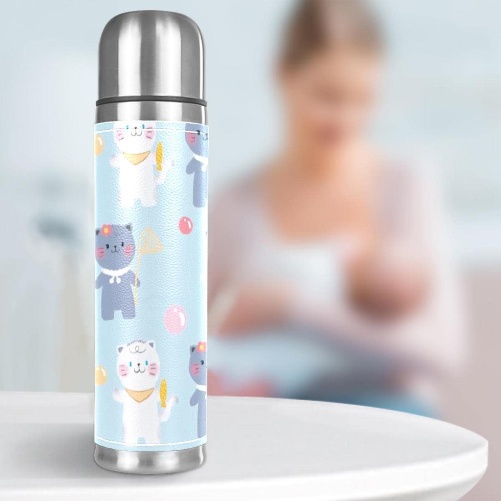 Stainless Steel Leather Vacuum Insulated Mug Cat Thermos Water Bottle for Hot and Cold Drinks Kids Adults 16 Oz