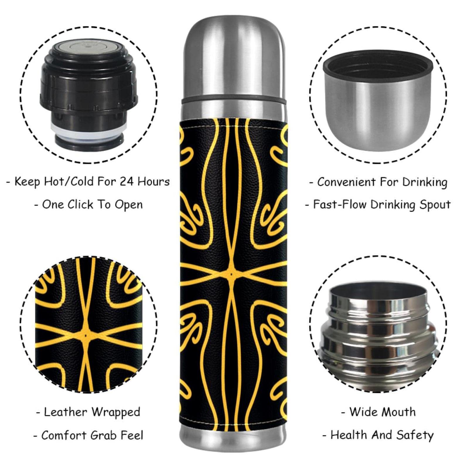 Stainless Steel Leather Vacuum Insulated Mug Vintage Flower Texture Thermos Water Bottle for Hot and Cold Drinks Kids Adults 16 Oz