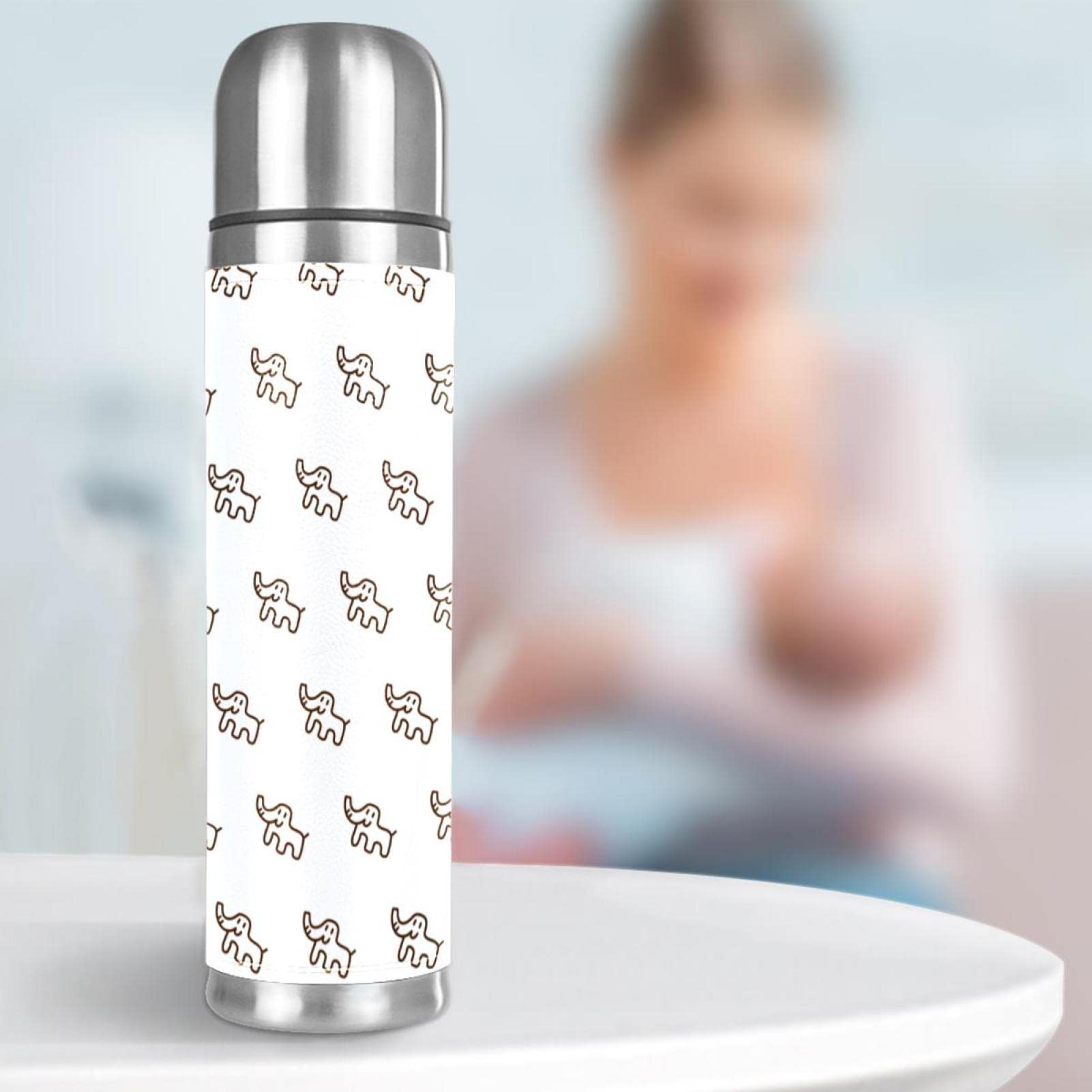 Stainless Steel Leather Vacuum Insulated Mug Elephant Thermos Water Bottle for Hot and Cold Drinks Kids Adults 16 Oz