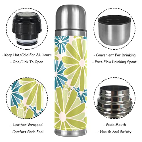 Stainless Steel Leather Vacuum Insulated Mug Flower Thermos Water Bottle for Hot and Cold Drinks Kids Adults 16 Oz