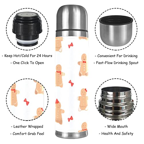 Stainless Steel Leather Vacuum Insulated Mug Gingerbread Man Thermos Water Bottle for Hot and Cold Drinks Kids Adults 16 Oz