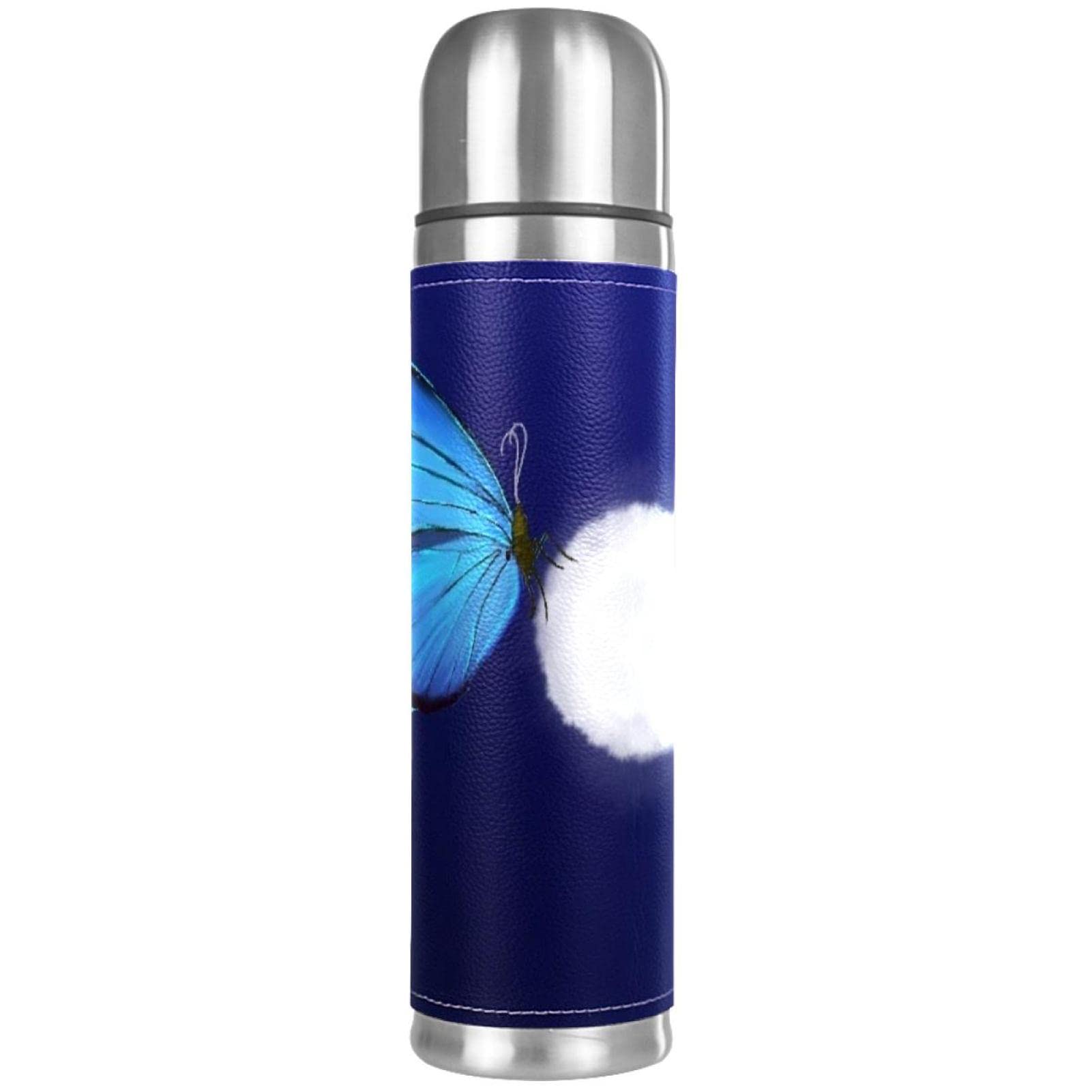 Stainless Steel Leather Vacuum Insulated Mug Blue Butterfly Thermos Water Bottle for Hot and Cold Drinks Kids Adults 16 Oz