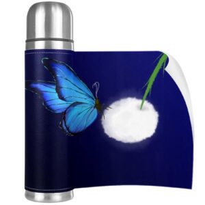 Stainless Steel Leather Vacuum Insulated Mug Blue Butterfly Thermos Water Bottle for Hot and Cold Drinks Kids Adults 16 Oz