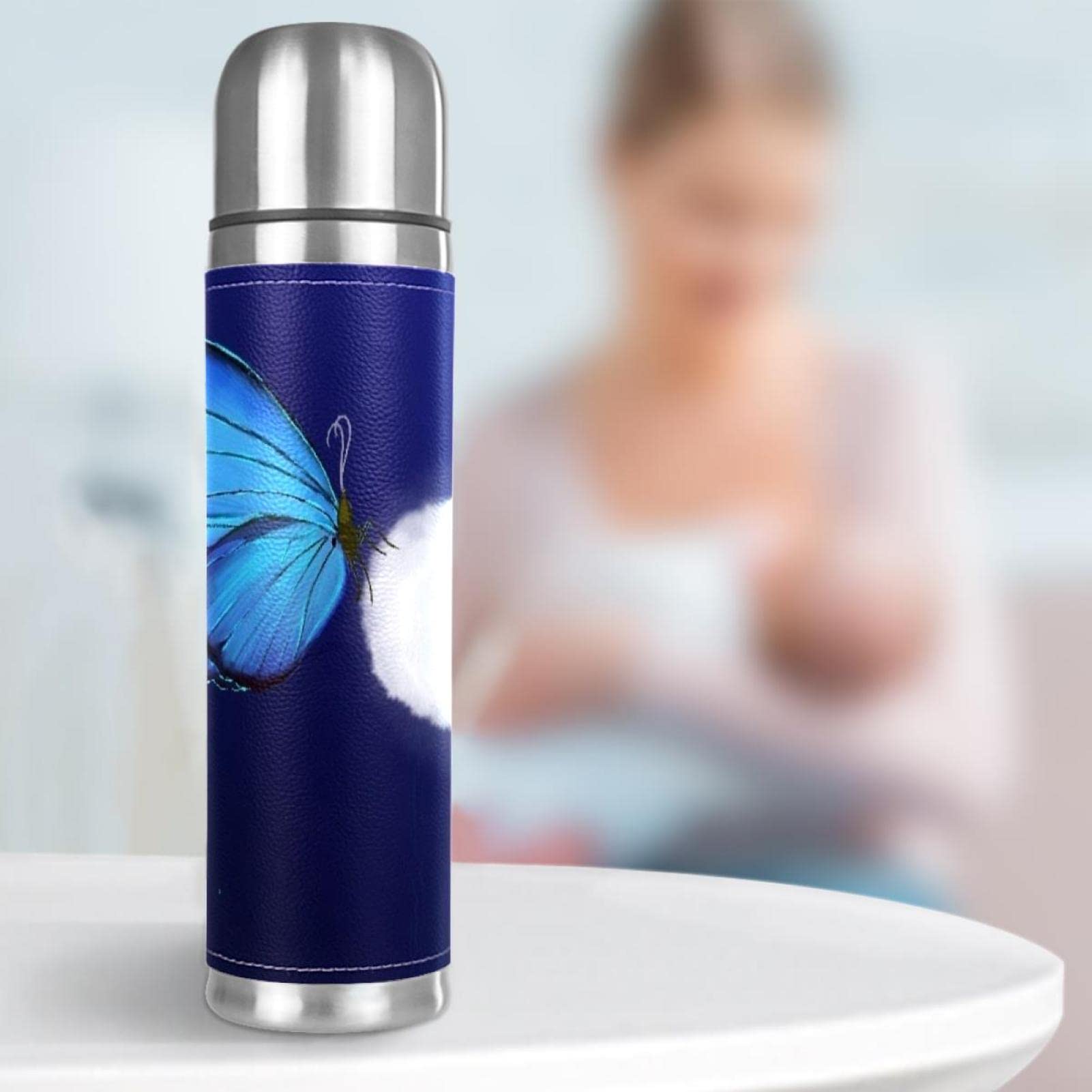 Stainless Steel Leather Vacuum Insulated Mug Blue Butterfly Thermos Water Bottle for Hot and Cold Drinks Kids Adults 16 Oz