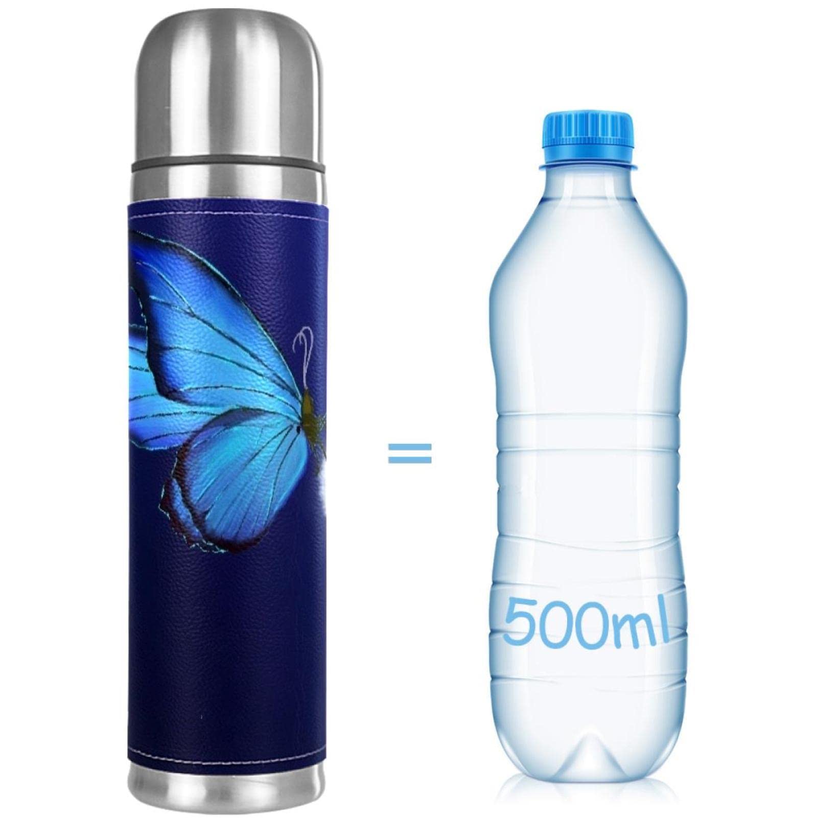 Stainless Steel Leather Vacuum Insulated Mug Blue Butterfly Thermos Water Bottle for Hot and Cold Drinks Kids Adults 16 Oz