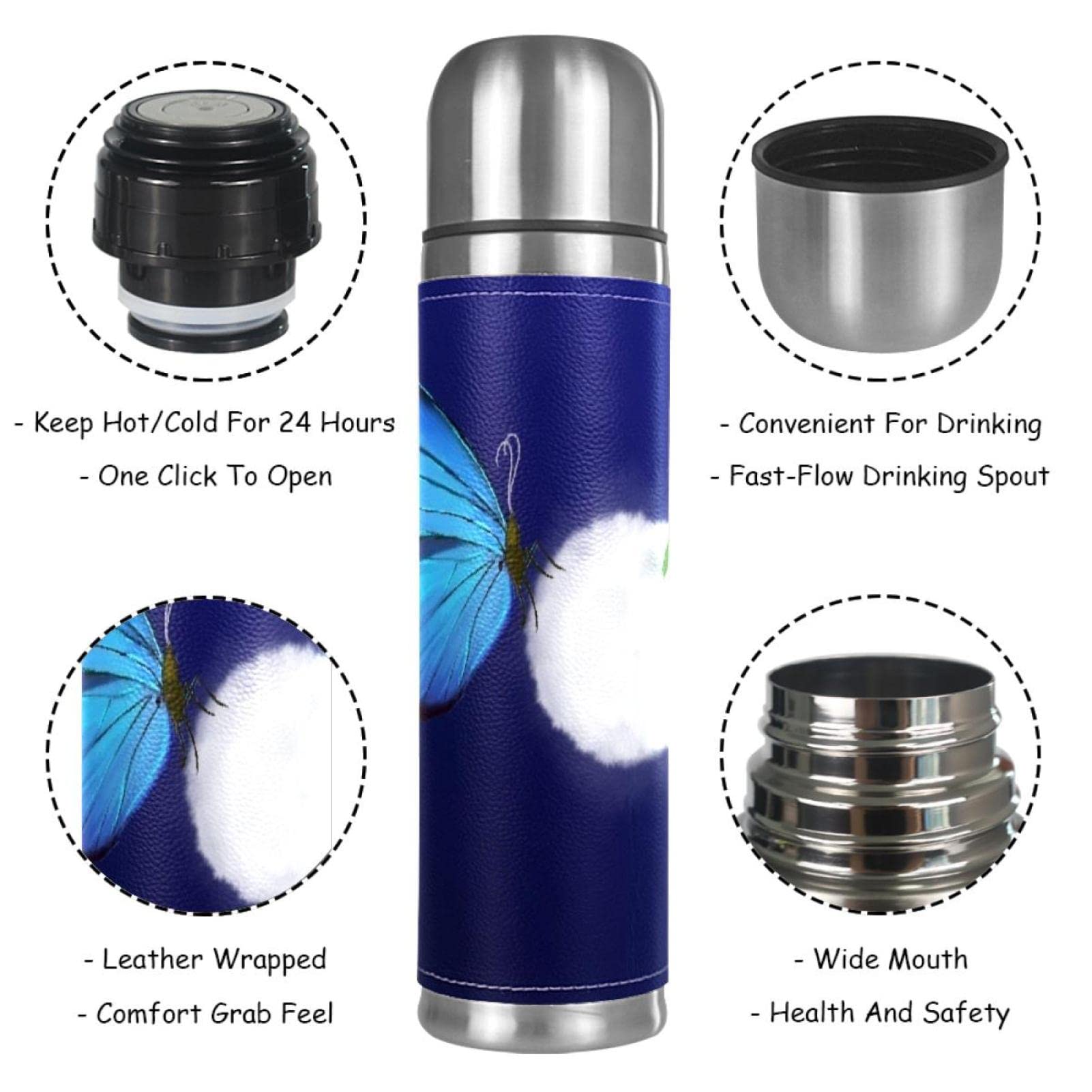 Stainless Steel Leather Vacuum Insulated Mug Blue Butterfly Thermos Water Bottle for Hot and Cold Drinks Kids Adults 16 Oz