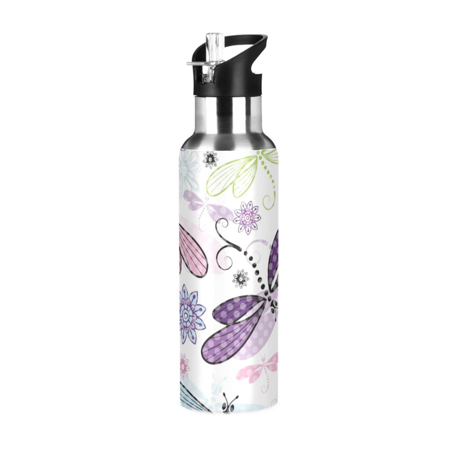 Bulletgxll Water Bottle with Straw Lid 34oz Beautiful Colorful Dragonfly Reusable Vacuum Insulated Stainless Steel water bottles, Leak Proof, BPA-Free.