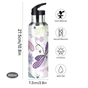 Bulletgxll Water Bottle with Straw Lid 34oz Beautiful Colorful Dragonfly Reusable Vacuum Insulated Stainless Steel water bottles, Leak Proof, BPA-Free.