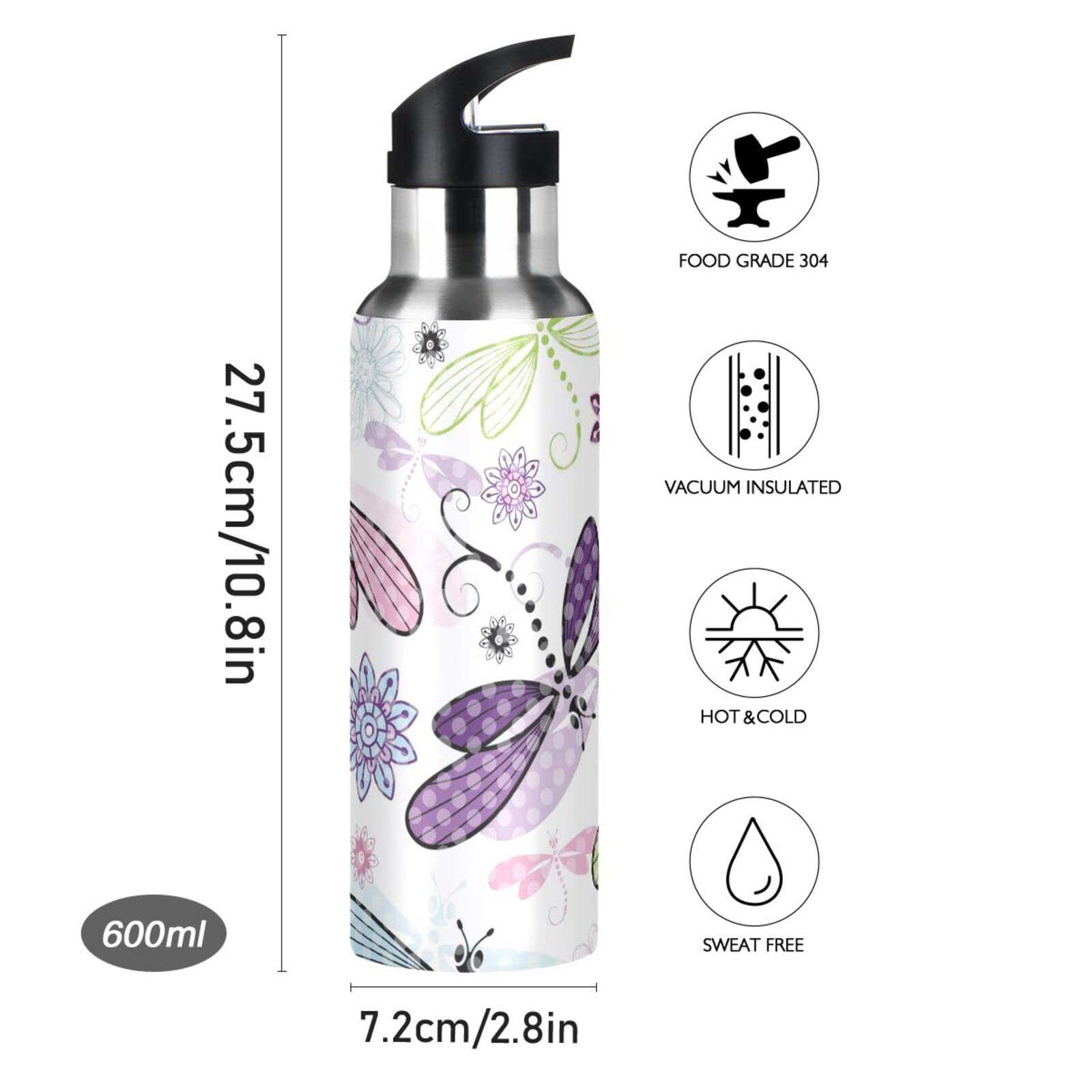 Bulletgxll Water Bottle with Straw Lid 34oz Beautiful Colorful Dragonfly Reusable Vacuum Insulated Stainless Steel water bottles, Leak Proof, BPA-Free.