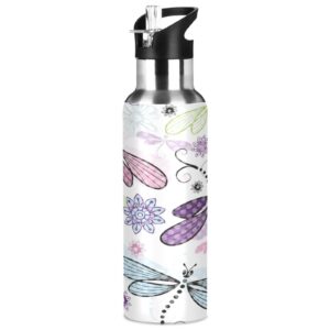 Bulletgxll Water Bottle with Straw Lid 34oz Beautiful Colorful Dragonfly Reusable Vacuum Insulated Stainless Steel water bottles, Leak Proof, BPA-Free.