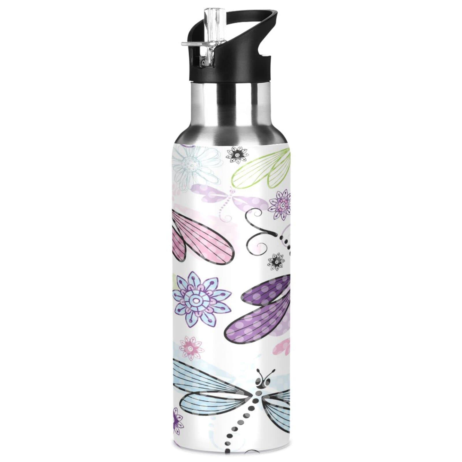 Bulletgxll Water Bottle with Straw Lid 34oz Beautiful Colorful Dragonfly Reusable Vacuum Insulated Stainless Steel water bottles, Leak Proof, BPA-Free.