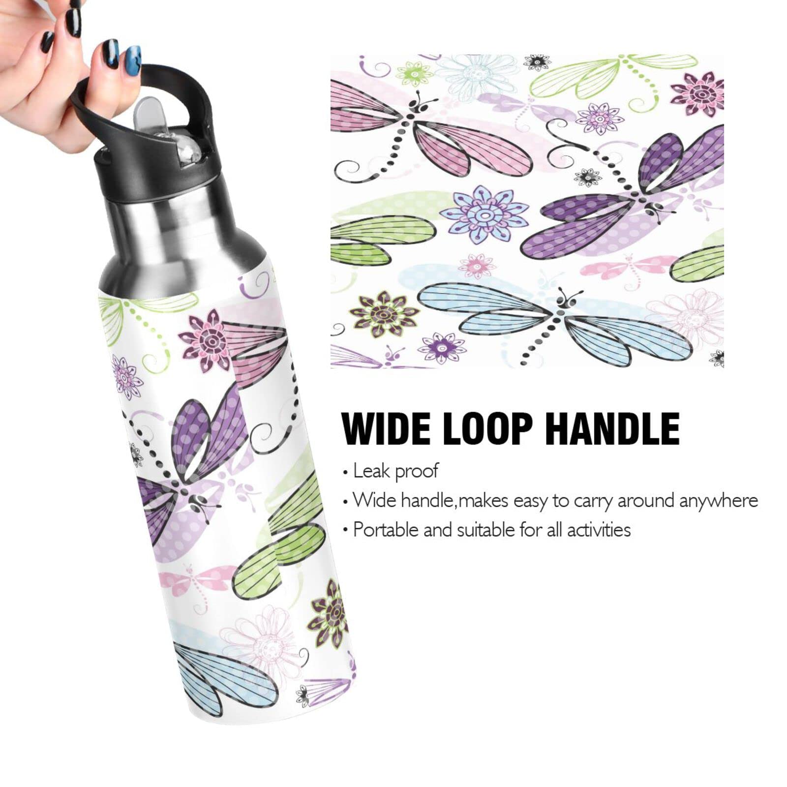 Bulletgxll Water Bottle with Straw Lid 34oz Beautiful Colorful Dragonfly Reusable Vacuum Insulated Stainless Steel water bottles, Leak Proof, BPA-Free.