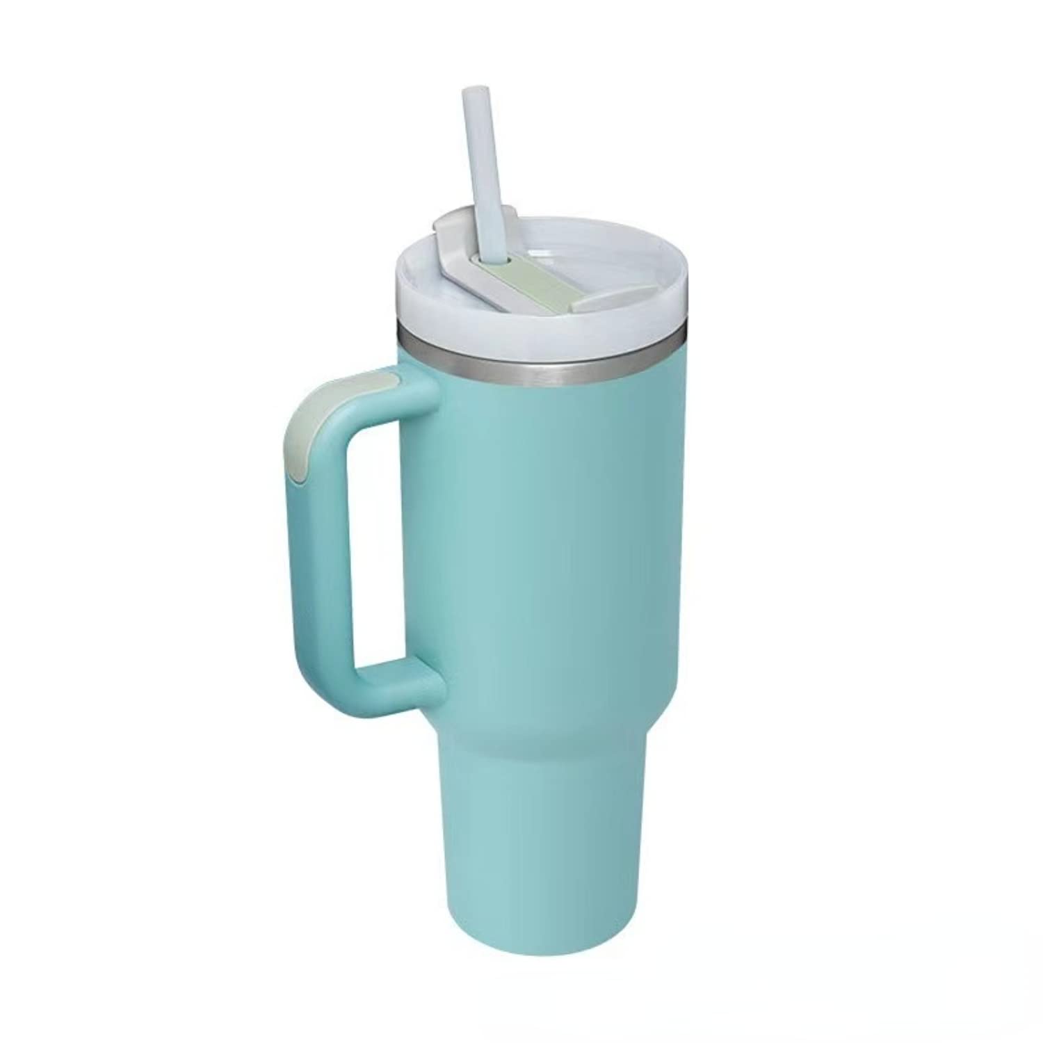 Portable stainless steel vacuum insulation cup with lid and straw for water, smoothies, iced tea or coffee, etc. (湖水绿)