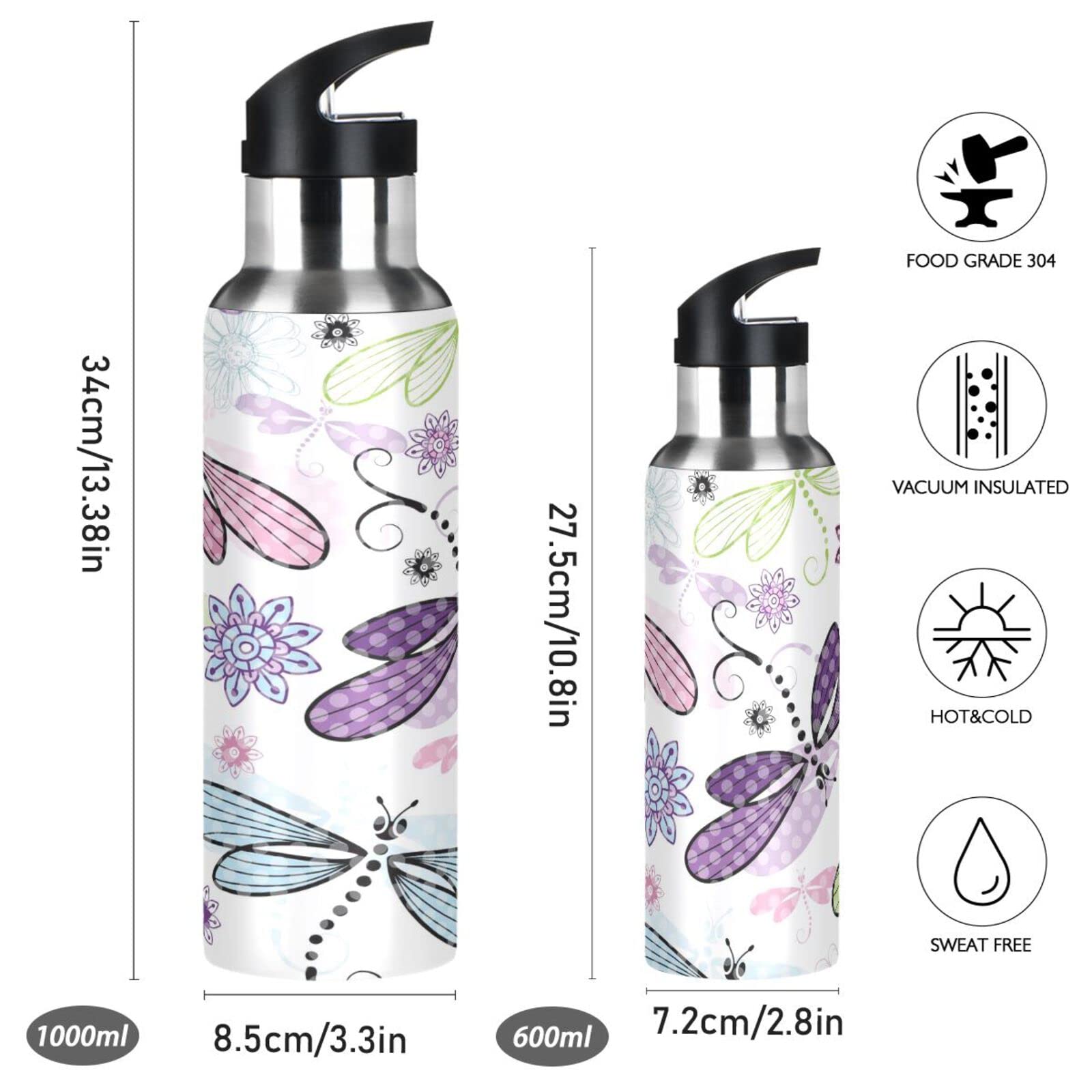 Bulletgxll Water Bottle with Straw Lid 34oz Beautiful Colorful Dragonfly Reusable Vacuum Insulated Stainless Steel water bottles, Leak Proof, BPA-Free.