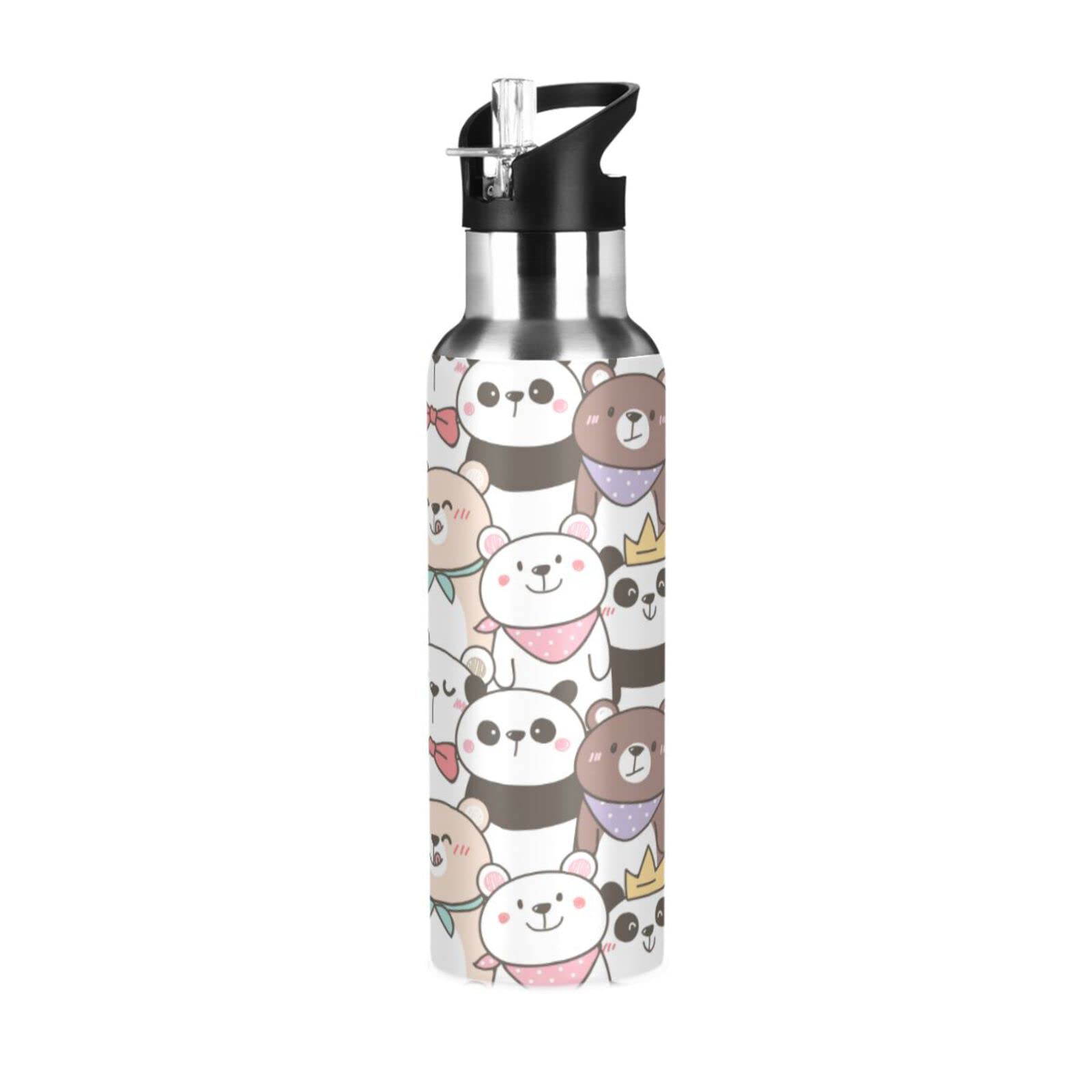 Kigai Cute Cartoon Bear Stainless Steel Water Bottle w/Straw 34 OZ- Thermo Mug, Metal Canteen-Keeps Liquids Hot or Cold w/Vacuum Insulated Sweat Proof Sport Design