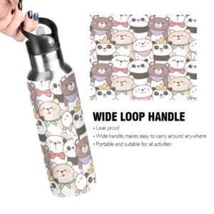 Kigai Cute Cartoon Bear Stainless Steel Water Bottle w/Straw 34 OZ- Thermo Mug, Metal Canteen-Keeps Liquids Hot or Cold w/Vacuum Insulated Sweat Proof Sport Design