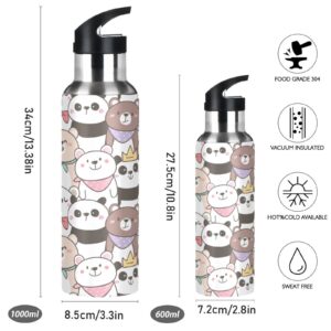 Kigai Cute Cartoon Bear Stainless Steel Water Bottle w/Straw 34 OZ- Thermo Mug, Metal Canteen-Keeps Liquids Hot or Cold w/Vacuum Insulated Sweat Proof Sport Design