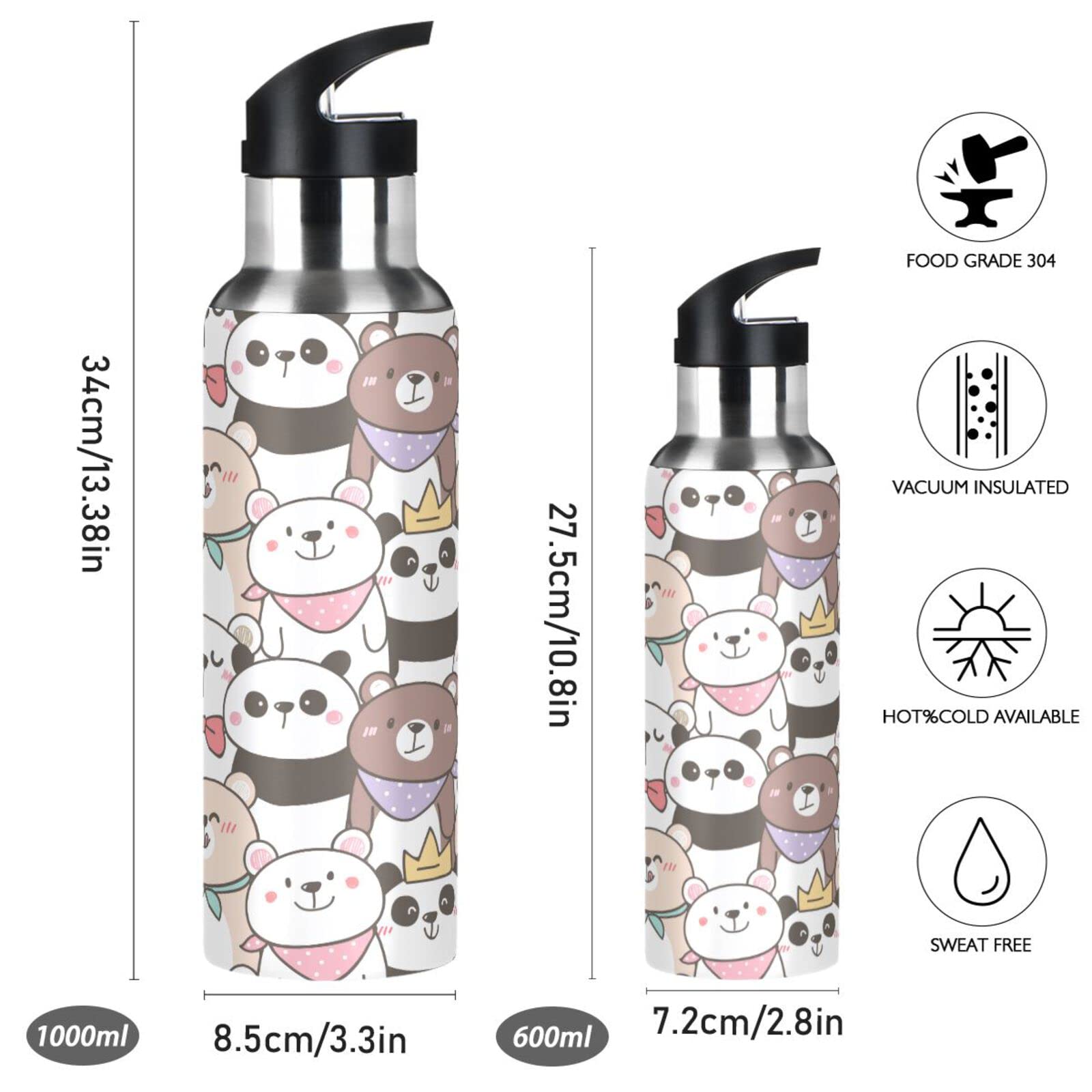 Kigai Cute Cartoon Bear Stainless Steel Water Bottle w/Straw 34 OZ- Thermo Mug, Metal Canteen-Keeps Liquids Hot or Cold w/Vacuum Insulated Sweat Proof Sport Design