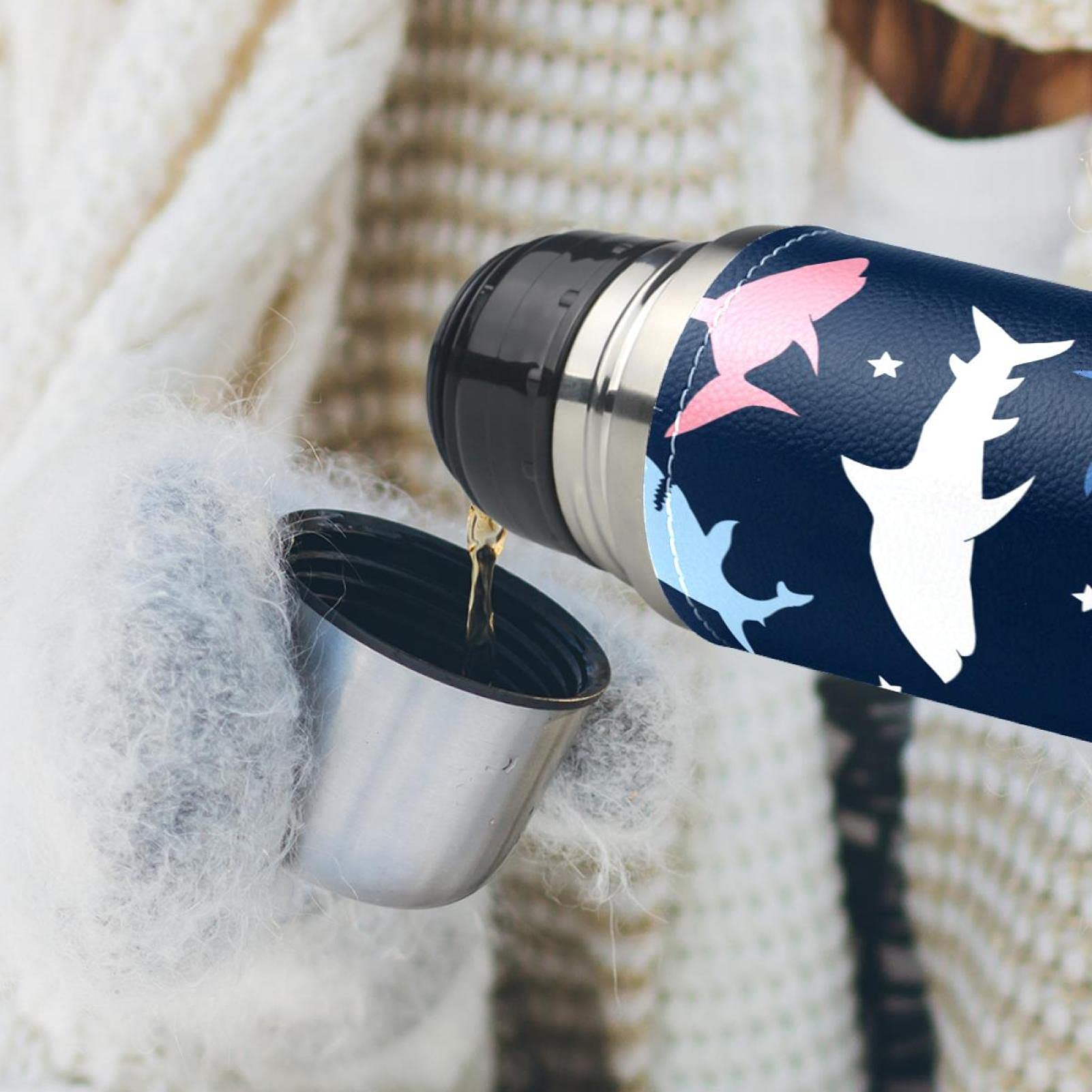 Colorful Shark And Star Thermos Vacuum Insulated 1L Compact Stainless Steel Beverage Bottle