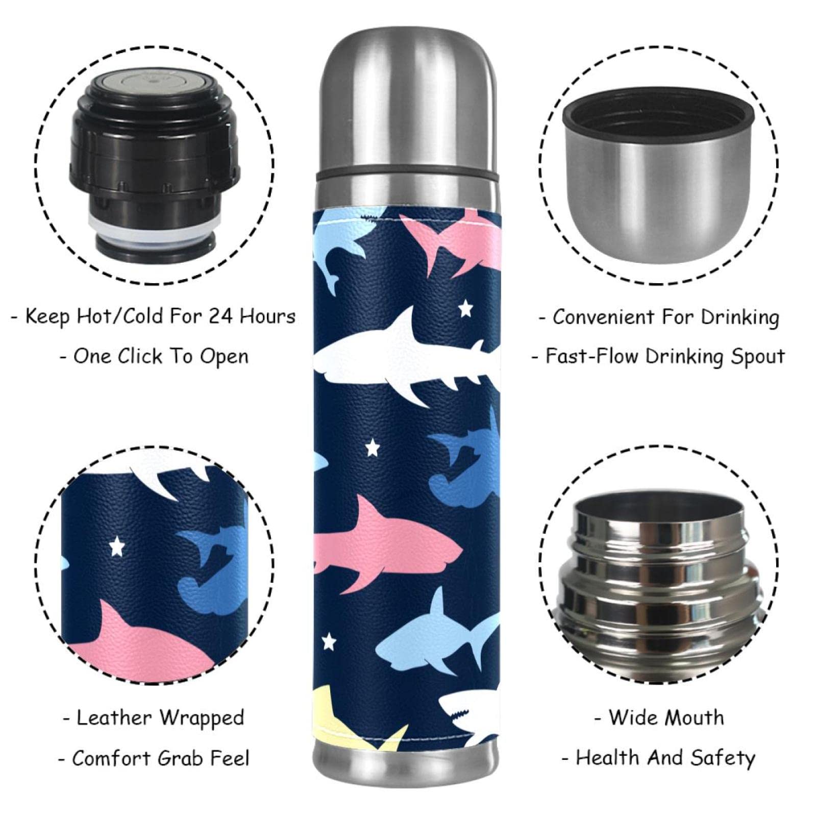 Colorful Shark And Star Thermos Vacuum Insulated 1L Compact Stainless Steel Beverage Bottle