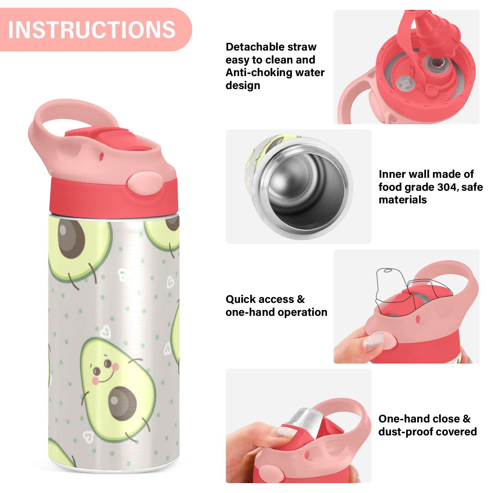 Fresh Avocado Kids Water Bottle, Vacuum Insulated Stainless Steel, Double Walled Leakproof Tumbler Travel Cup for Girls Boys Toddlers, 12 oz