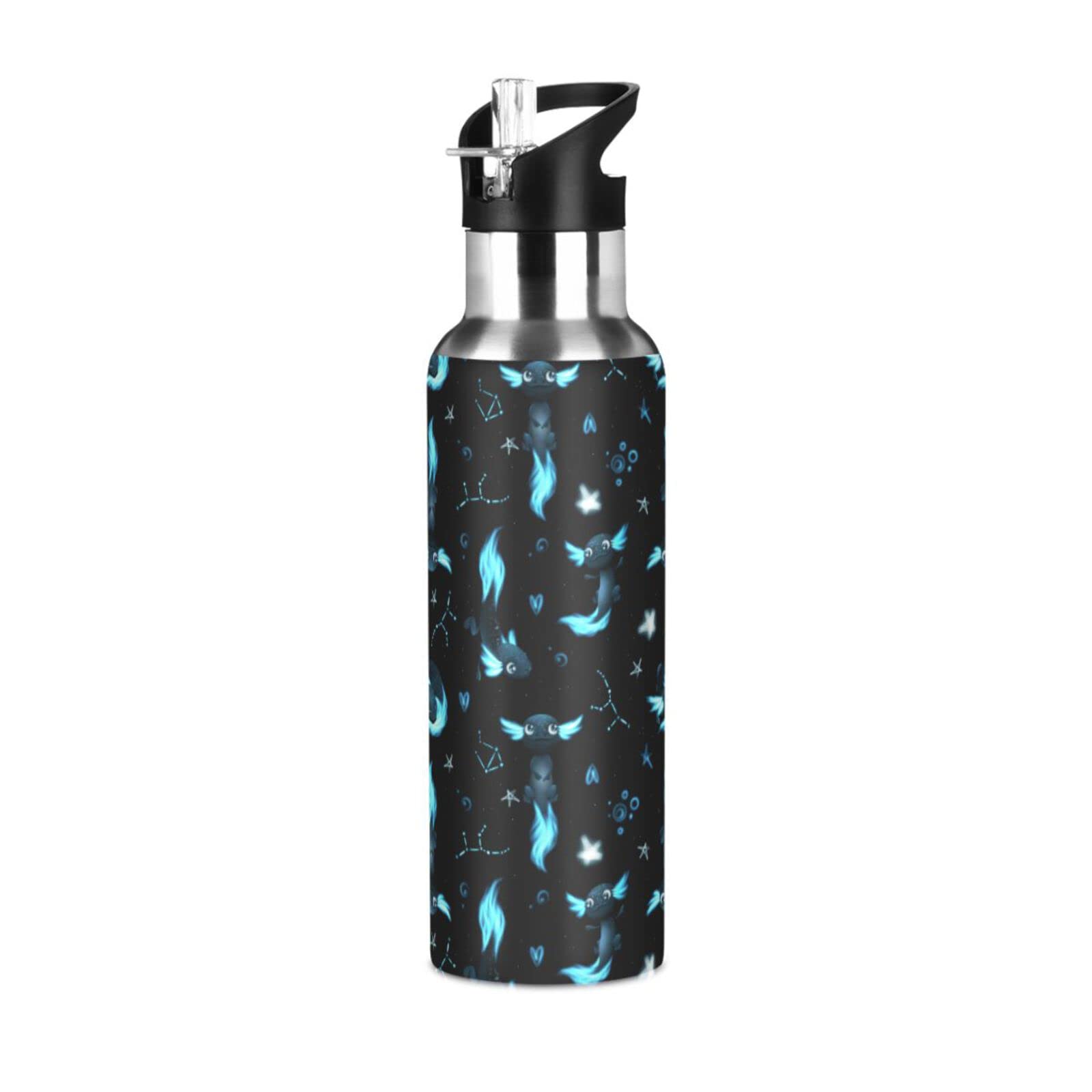 Yasala Axolotl Neon Blue Black Coffee Thermos Sport Water Bottle Stainless Steel Insulated Office Beverage Container 20oz with Straw Lid Back to School