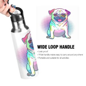 Oarencol Colorful Pug Dog Water Bottle Rainbow Animal Polka Dot Stainless Steel Vacuum Insulated with Straw Lid 20 Oz