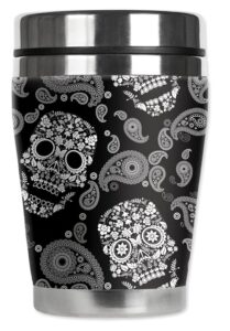 mugzie white sugar skulls"mini" travel mug with insulated wetsuit cover, 12 oz, black