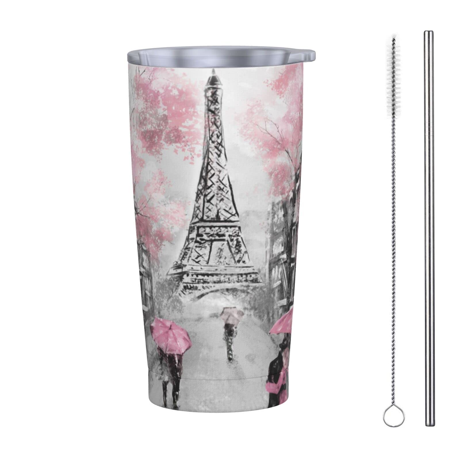 Dujiea 20oz Tumbler With Lid And Straw, Eiffel Tower Pink Lovers In Paris Vacuum Insulated Iced Coffee Mug Reusable Travel Cup Stainless Steel Water Bottle