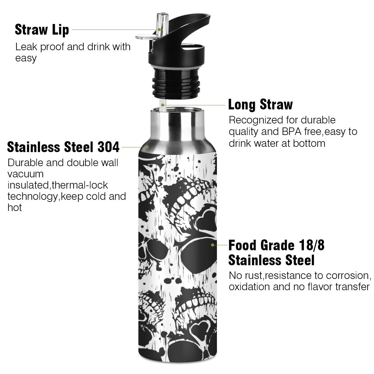 Glaphy Vintage Skulls Retro Water Bottle with Straw Lid, BPA-Free, 20 oz Water Bottles Insulated Stainless Steel, for School, Office, Gym, Sports, Travel