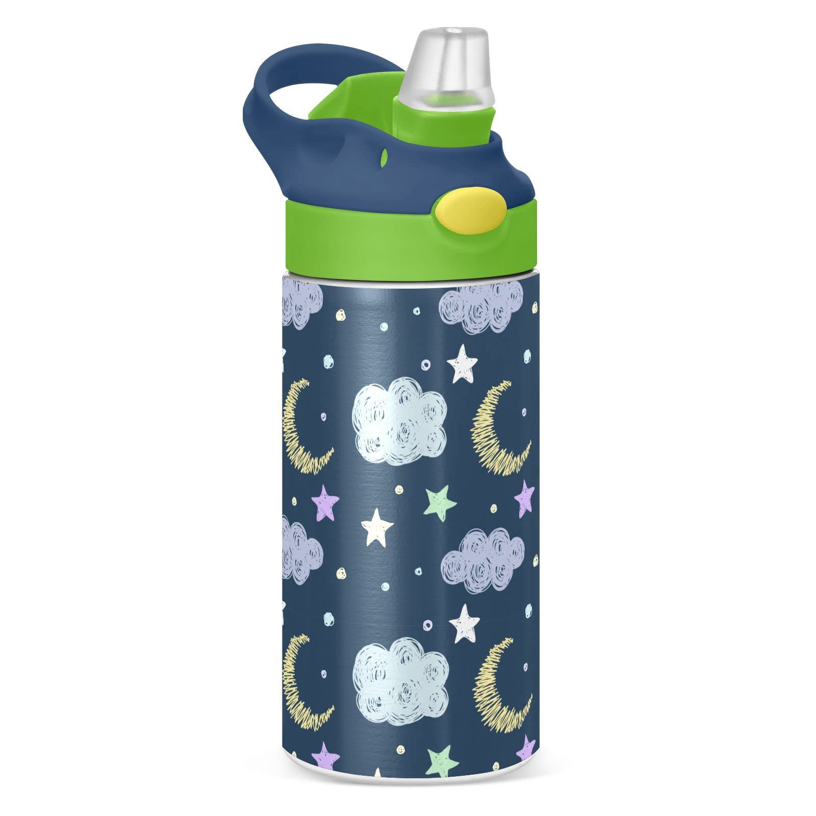 ALAZA Good Night Colorful Stars Moon Kids Water Bottles with Lids Straw Insulated Stainless Steel Water Bottles Double Walled Leakproof Tumbler Travel Cup for Girls Boys Toddlers 12 oz,Green