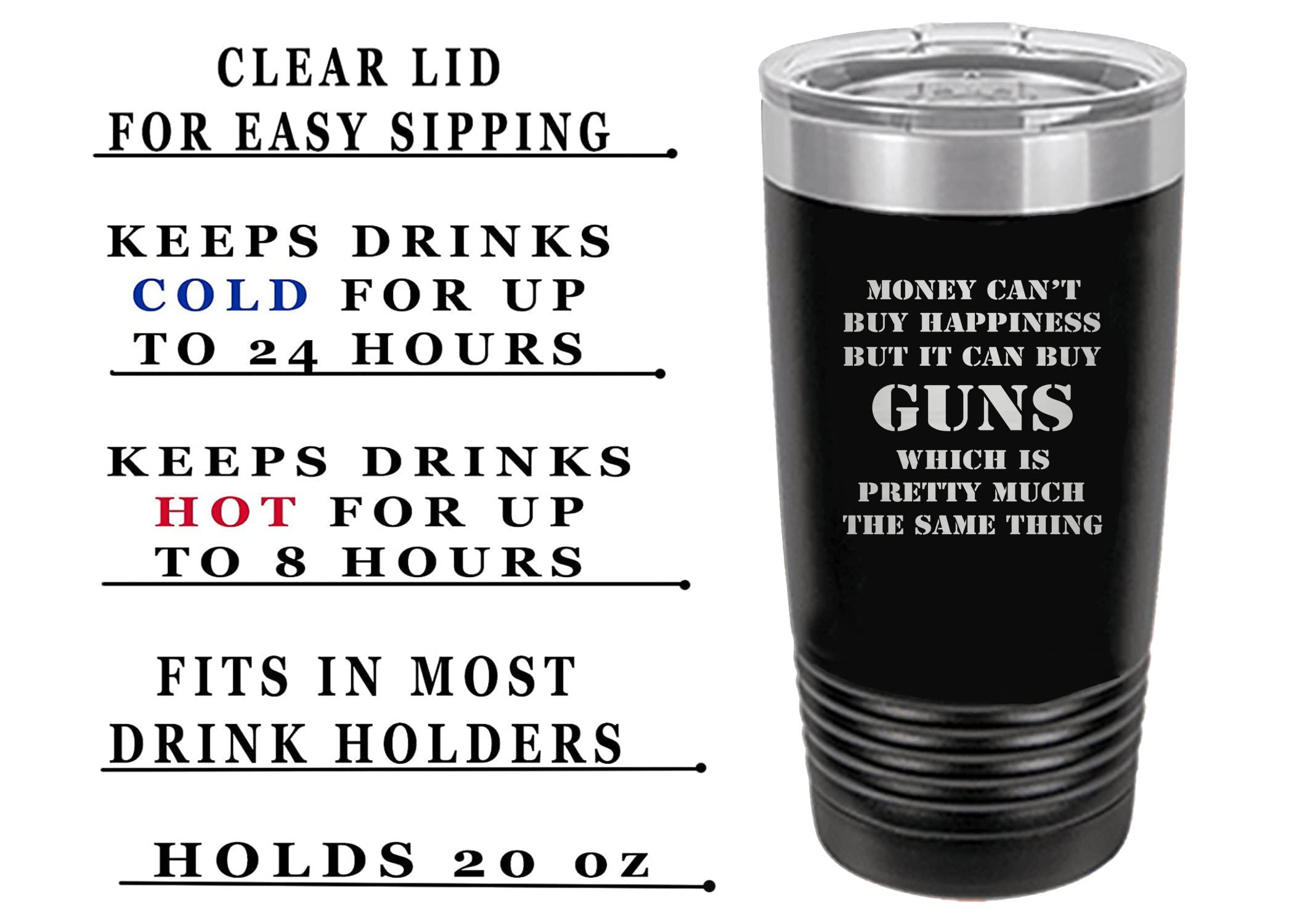 Rogue River Tactical Funny Hunting 20 Oz.Travel Tumbler Mug Cup Money Happiness Guns w/Lid Stainless Steel Gift For Dad Brother Grandpa (Black)