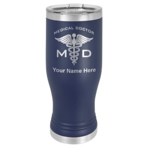 lasergram 14oz vacuum insulated pilsner mug, md medical doctor, personalized engraving included (navy blue)