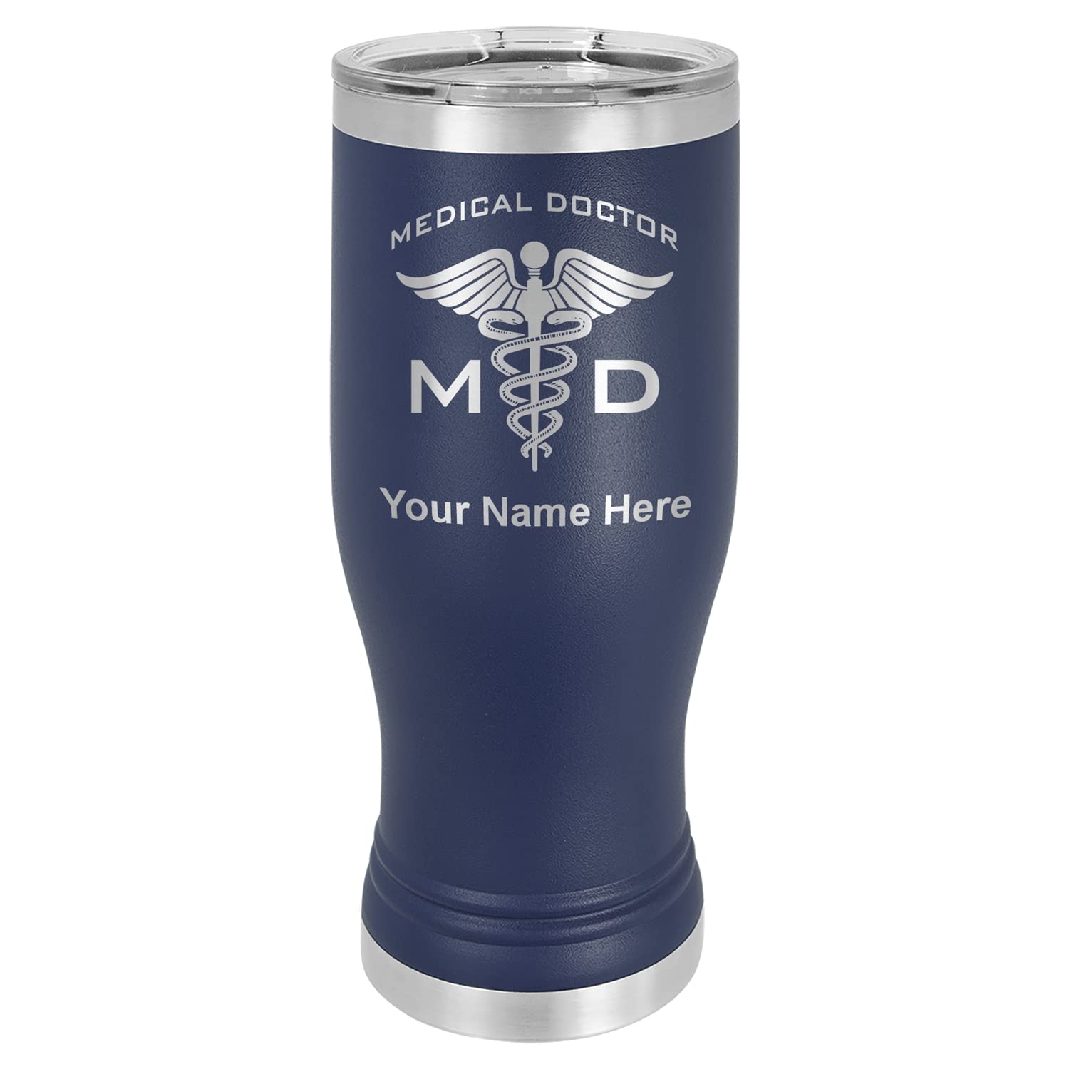 LaserGram 14oz Vacuum Insulated Pilsner Mug, MD Medical Doctor, Personalized Engraving Included (Navy Blue)