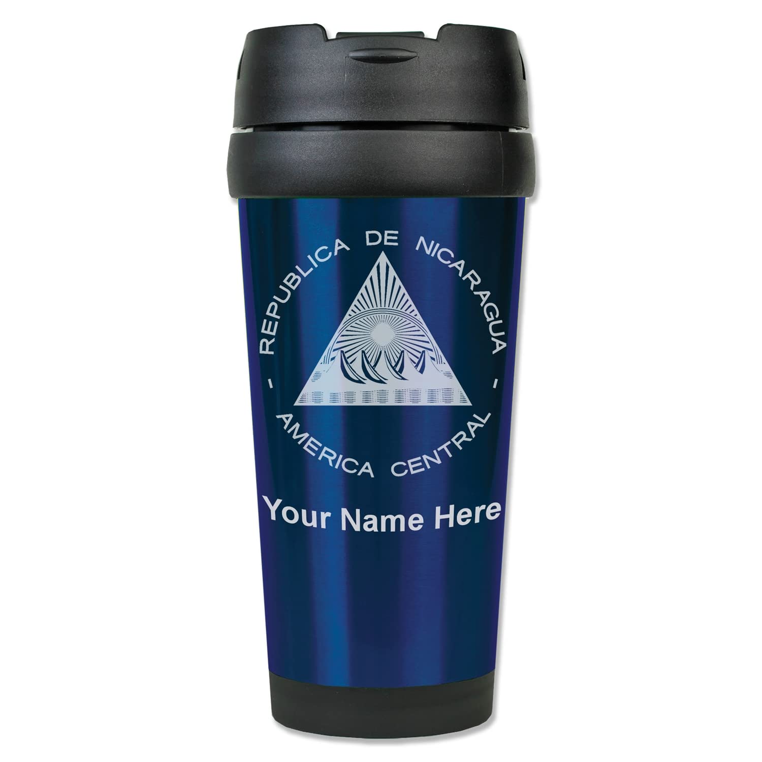 LaserGram 16oz Coffee Travel Mug, Flag of Nicaragua, Personalized Engraving Included (Dark Blue)