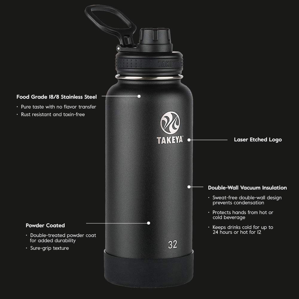 Takeya Actives Insulated Stainless Steel Water Bottle with Straw Lid, 24 Ounce, Blush & Actives Insulated Stainless Steel Water Bottle with Spout Lid, 24 oz, Onyx