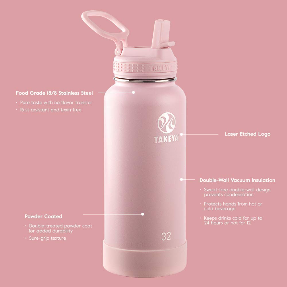 Takeya Actives Insulated Stainless Steel Water Bottle with Straw Lid, 24 Ounce, Blush & Actives Insulated Stainless Steel Water Bottle with Spout Lid, 24 oz, Onyx