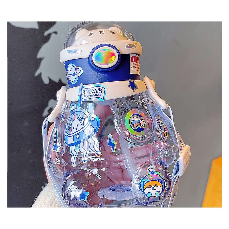 HACODAN Kawaii Straw Bottle with Strap Cute Cartoon Water Bottles with Stickers for Women Juice Coffee 23oz 700ML (Blue)