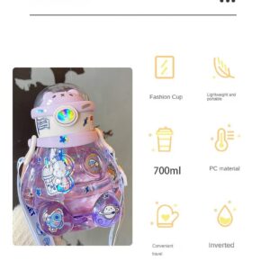 HACODAN Kawaii Straw Bottle with Strap Cute Cartoon Water Bottles with Stickers for Women Juice Coffee 23oz 700ML (Blue)