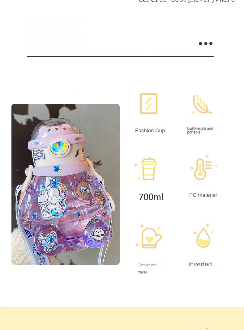 HACODAN Kawaii Straw Bottle with Strap Cute Cartoon Water Bottles with Stickers for Women Juice Coffee 23oz 700ML (Blue)