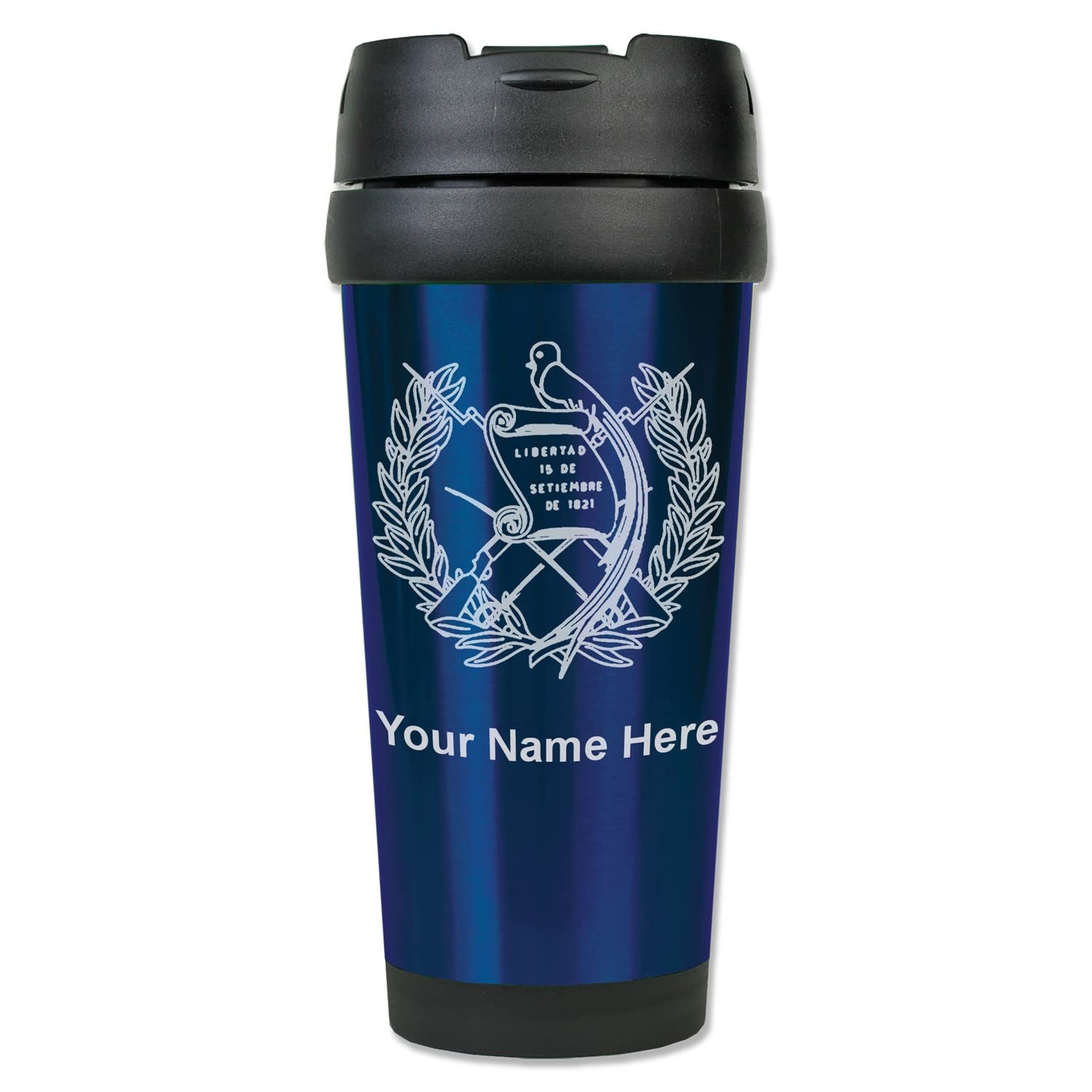 LaserGram 16oz Coffee Travel Mug, Flag of Guatemala, Personalized Engraving Included (Dark Blue)