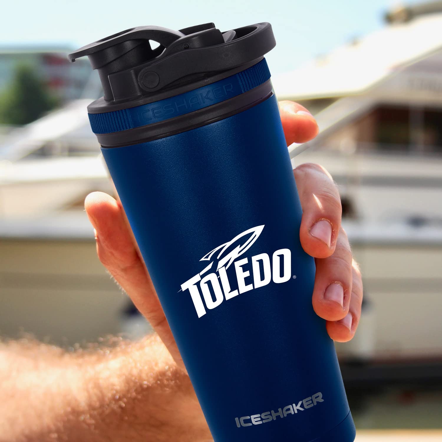 Helm University of Toledo Protein Shaker Bottle, Stainless Steel Water Bottle, Navy, 26 Oz.